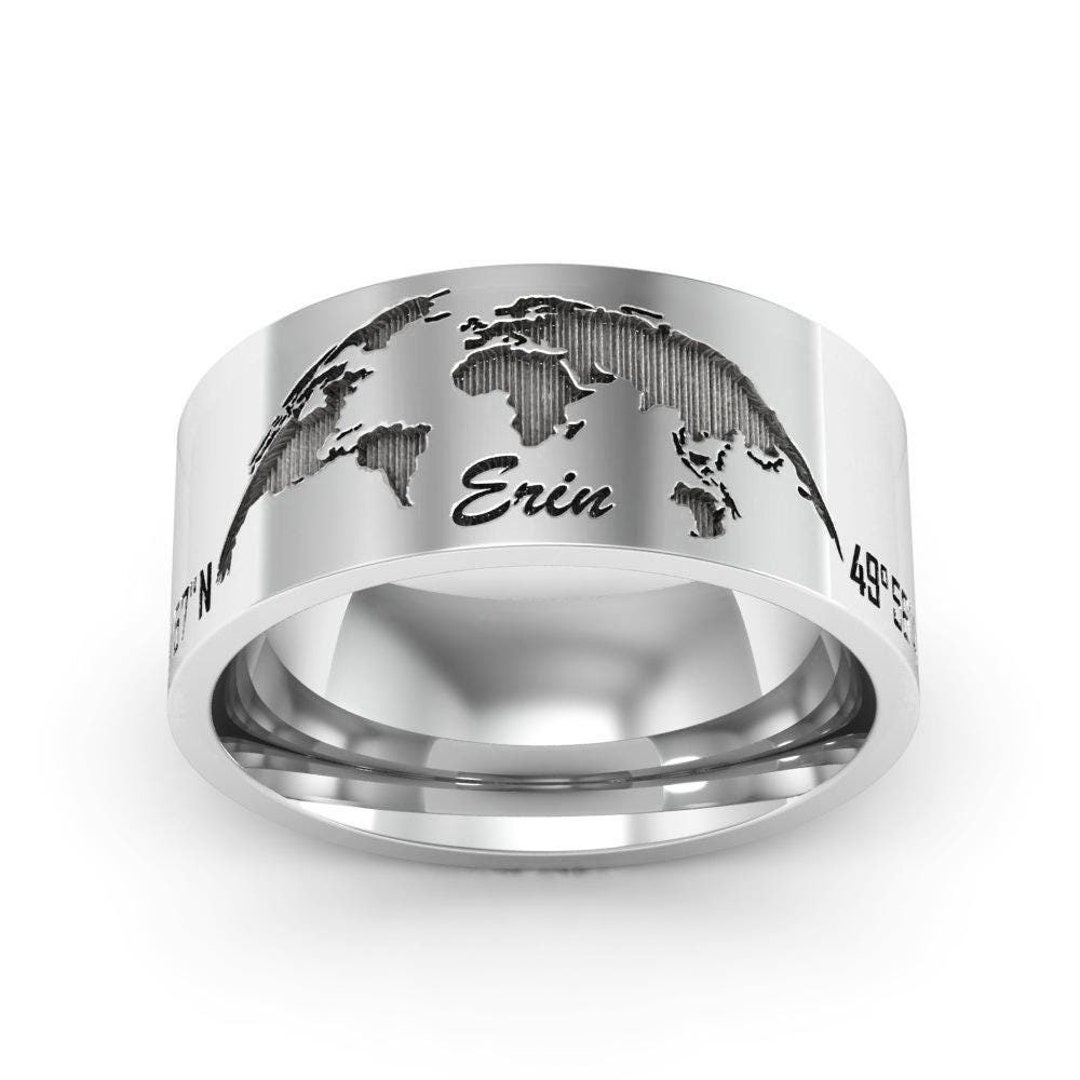 Custom World Map Band Ring, Sterling Silver Map Ring, Personalized ...