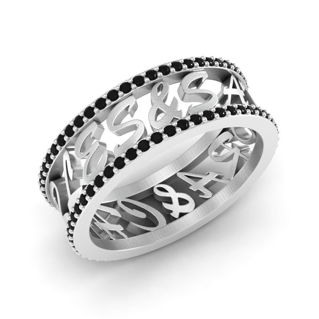 Two Names Band Ring With Onyx Gemstones, Sterling Silver Name Band Ring ...