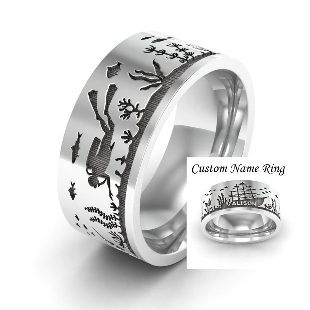 Custom Scuba Diver Ring With Name, Sterling Silver Sea Band Ring ...