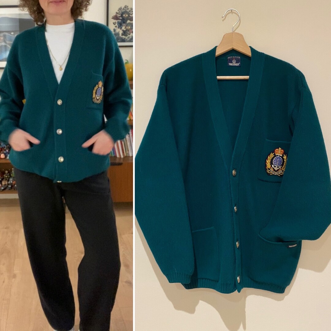Vintage Sailor Cardigan TRICOMER Pure Wool Long Badge Anchor Buttons ...