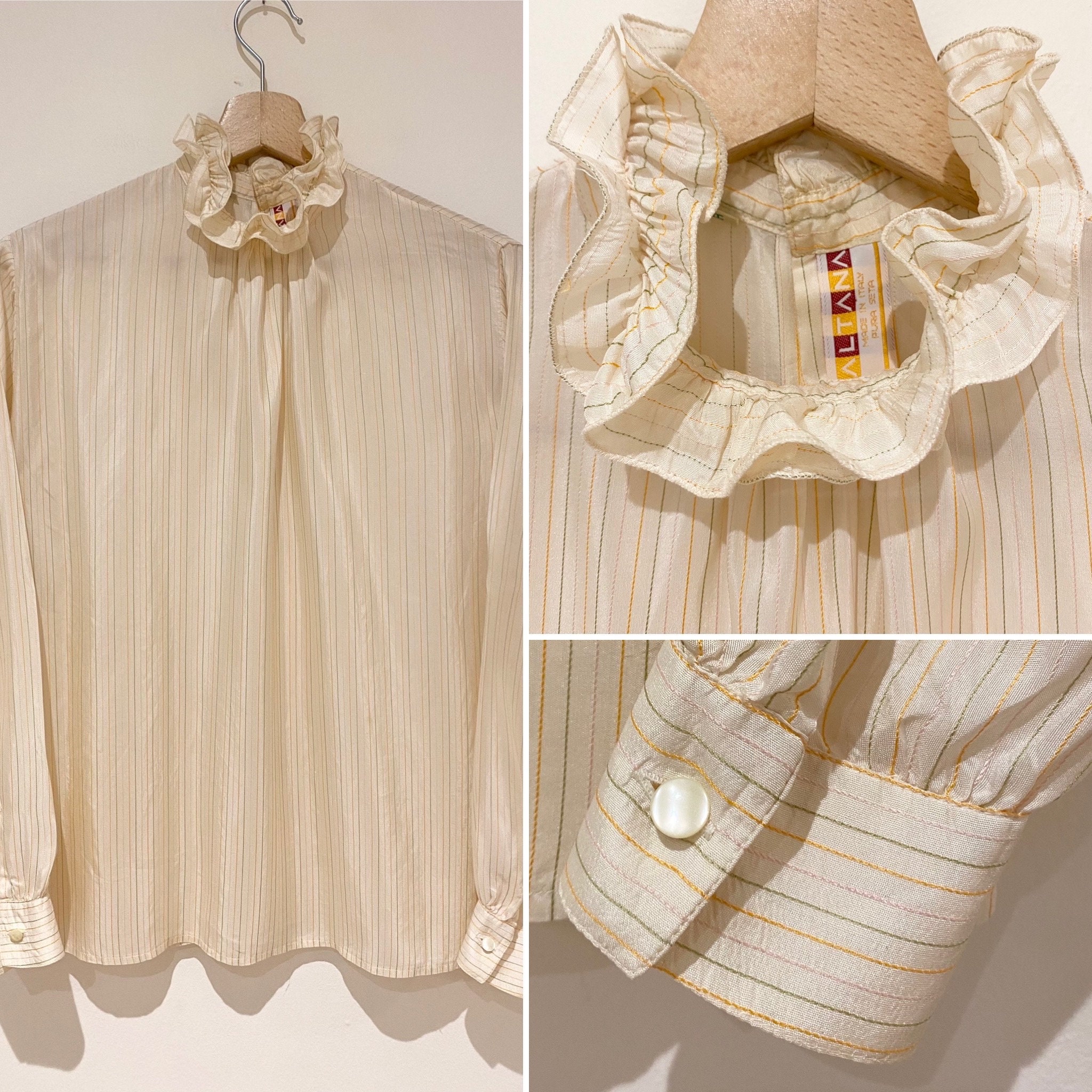 Chemisier soie Vintage col volants froufrou rayé bohème chic - Etsy France