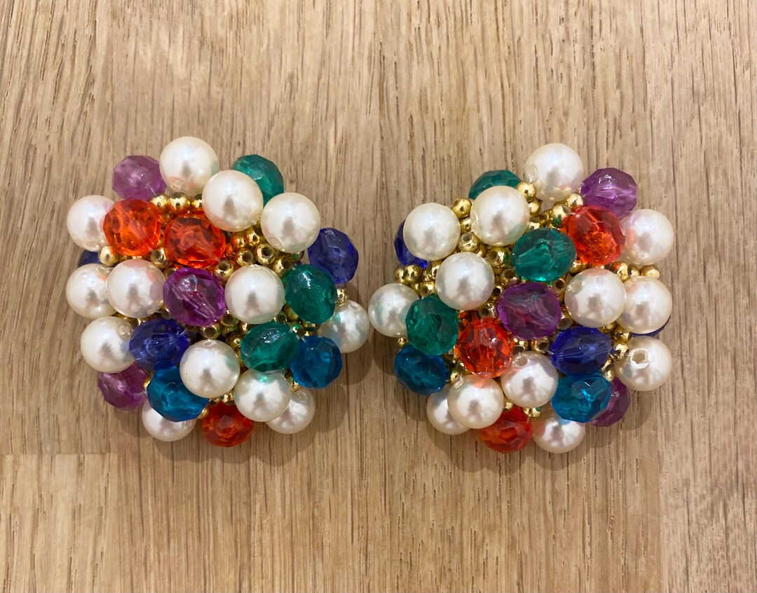 Vintage 80s Earrings Weaving Multi-colored Beads Pearls BCBG Dadame ...