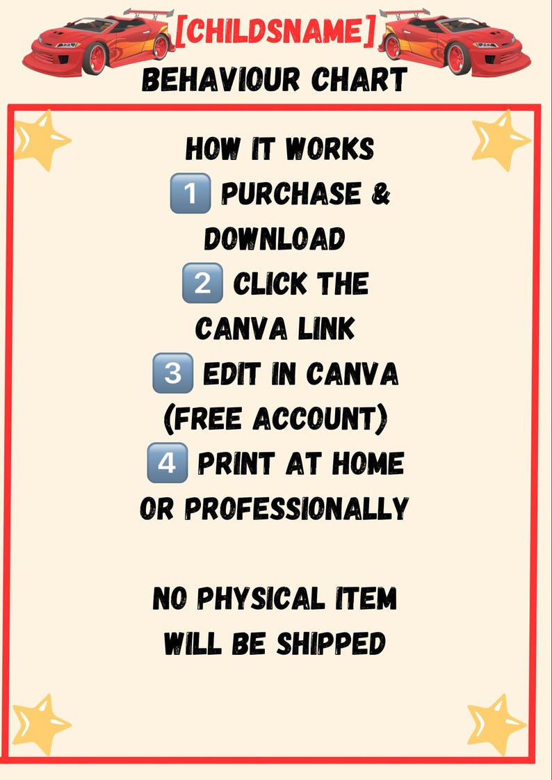Editable Children’s Car Behaviour Chart (instant Canva Download) - Etsy