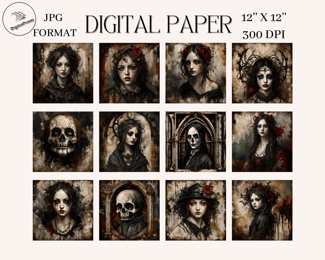 Gothic Portraits - Set of 12 Halloween Digital Downloads - Distressed ...