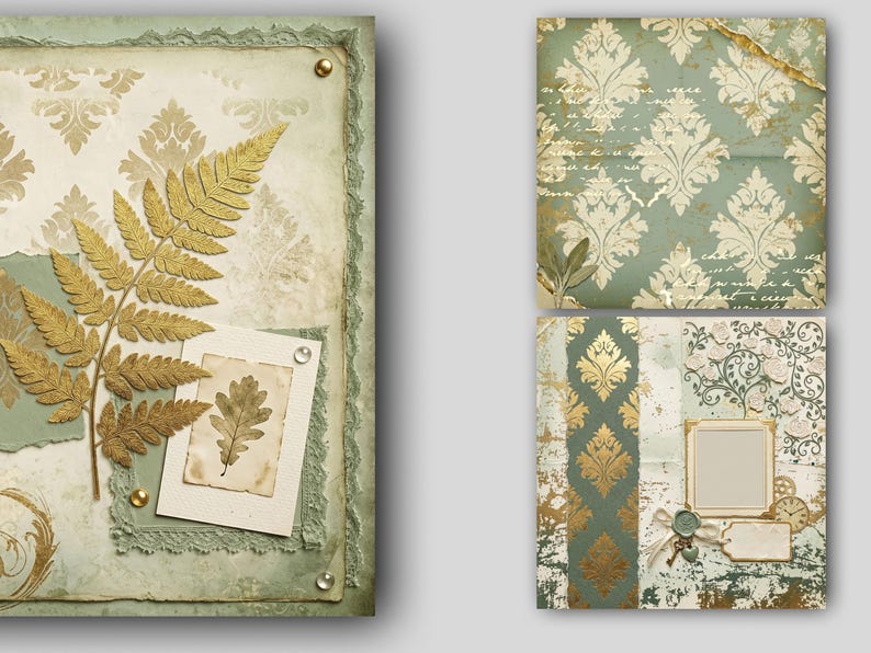 Sage Green Digital Paper Pack, Vintage Scrapbook Backgrounds, 12x12 ...