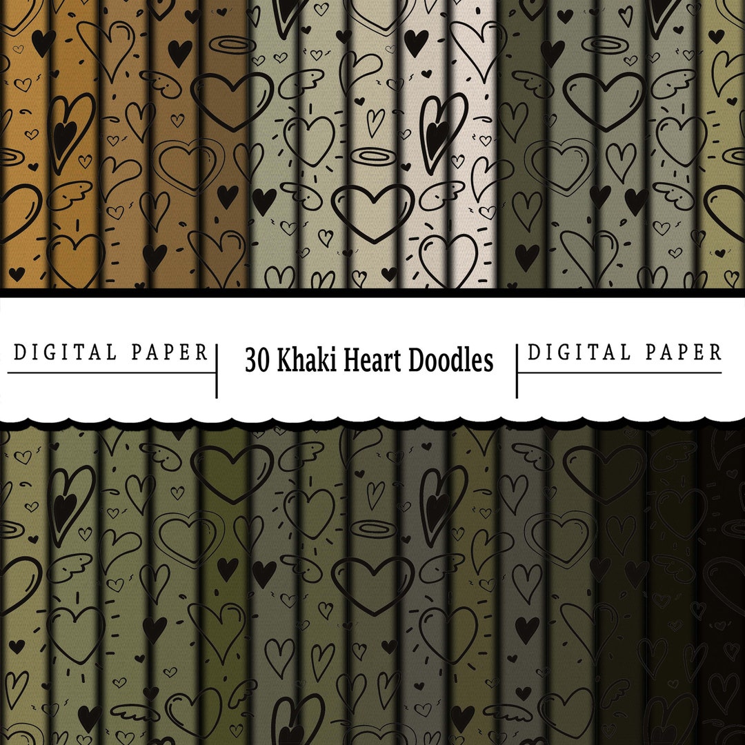 30 Seamless Khaki Sketched Heart/doodle Prints/digital Papers/printable ...