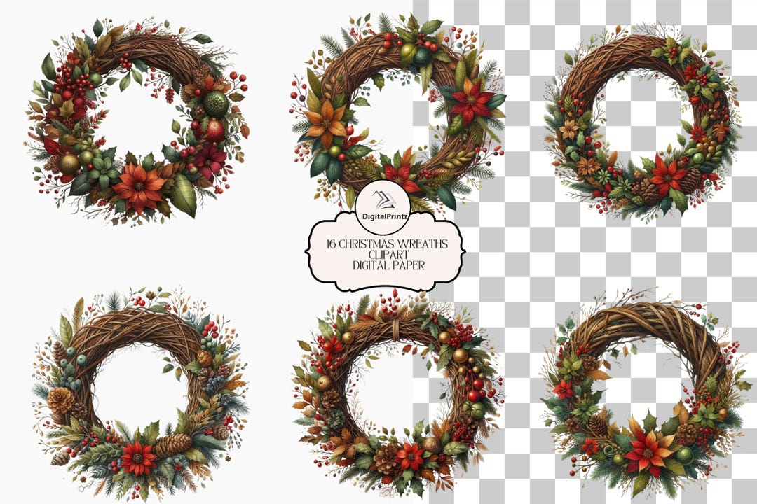 Christmas Wreath Clipart: 16 PNG Illustrations (5x5 Inches Digital ...