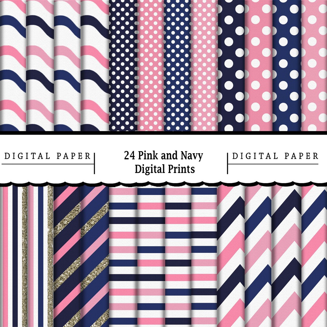 24 Pink and Navy Nautical Printable Patterned Digital Paper/scrapbook ...