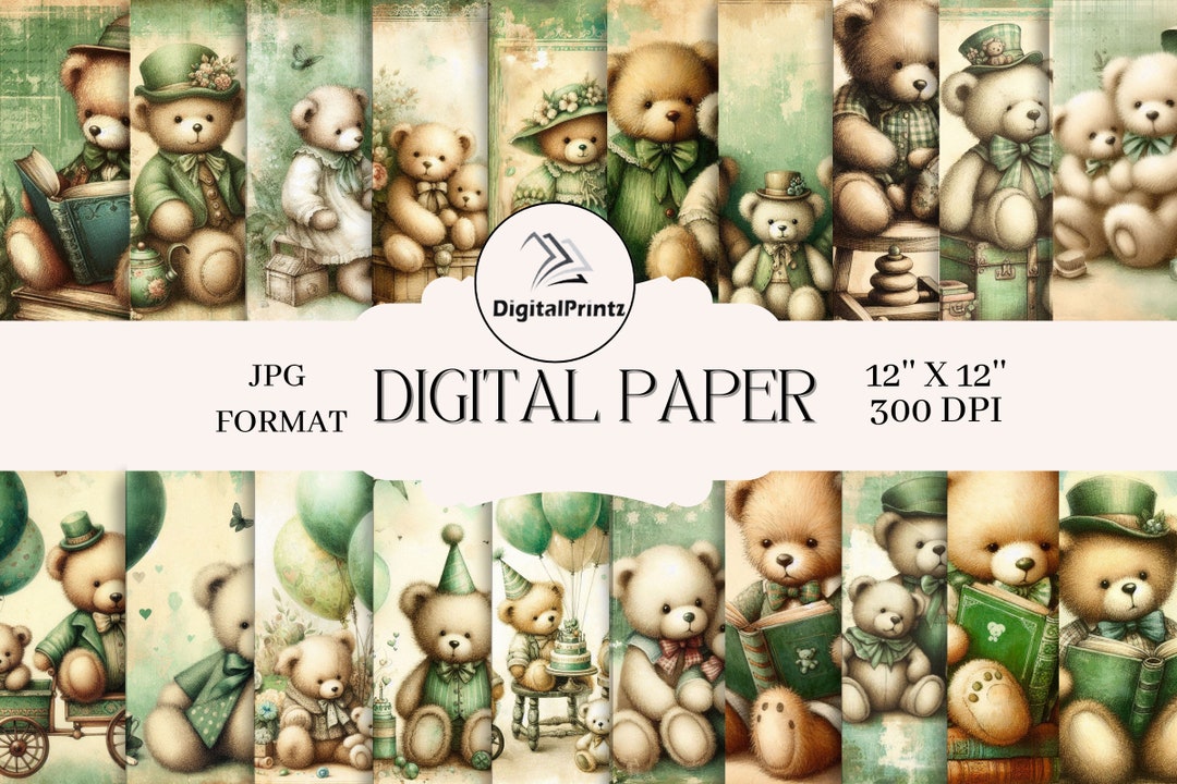 Vintage Green Teddy Bear Digital Paper: Antique Background (JPG ...