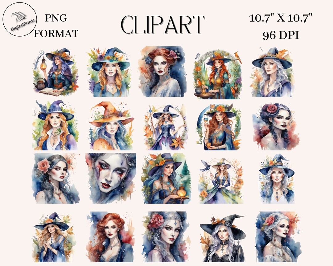 Watercolor Witch Clipart: Mystical Ladies PNG Images (digital Download ...
