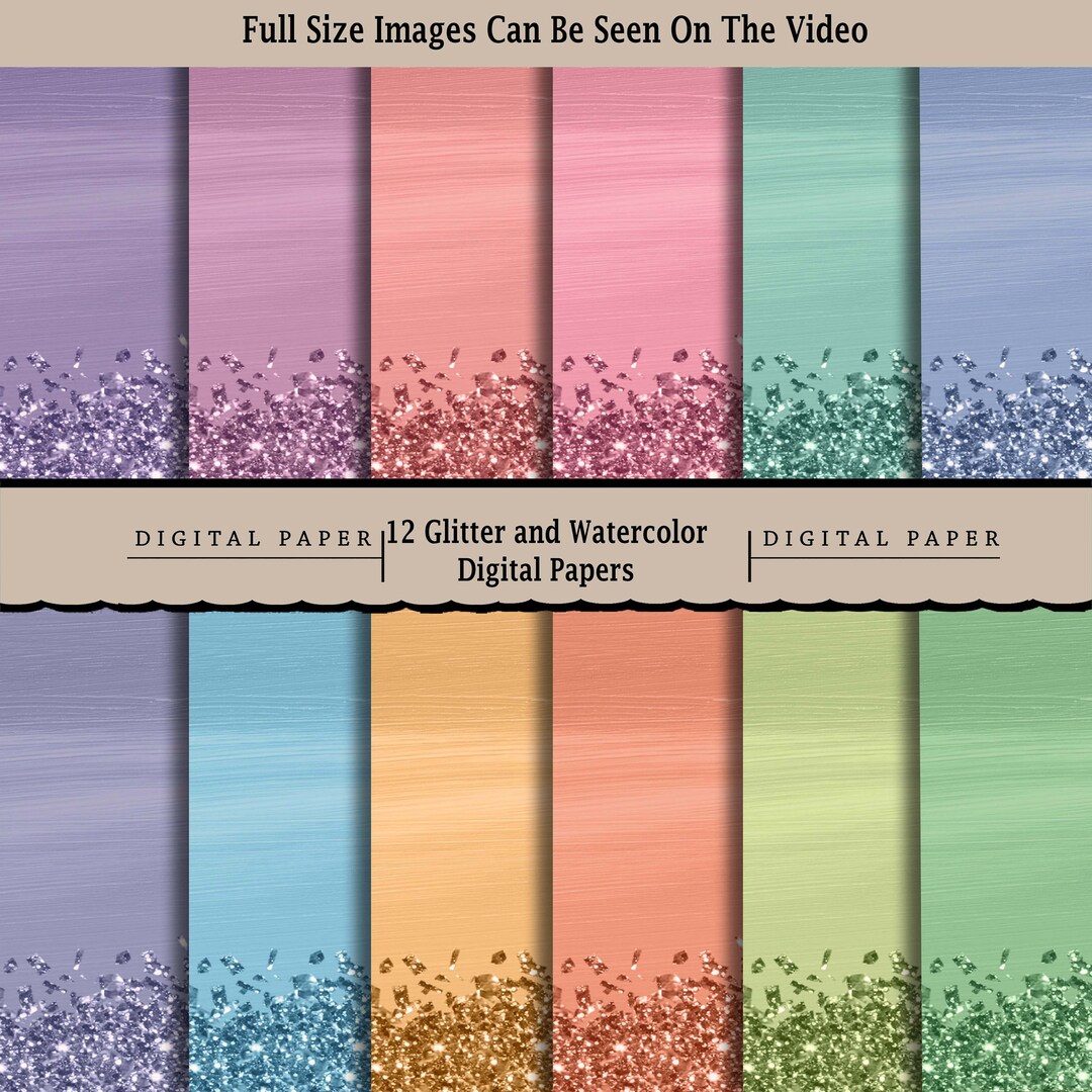 Glitter Watercolor Digital Paper: High-res Scrapbook Backgrounds (12 ...