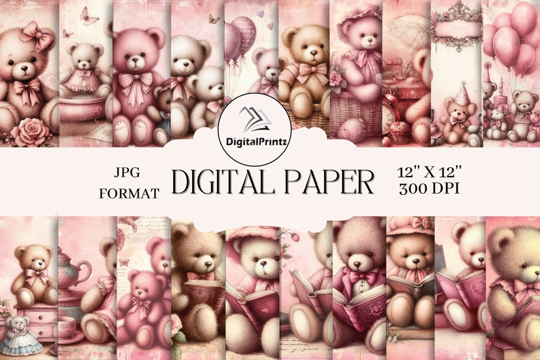 Vintage Pink Teddy Bear Digital Paper: Antique Background (digital ...