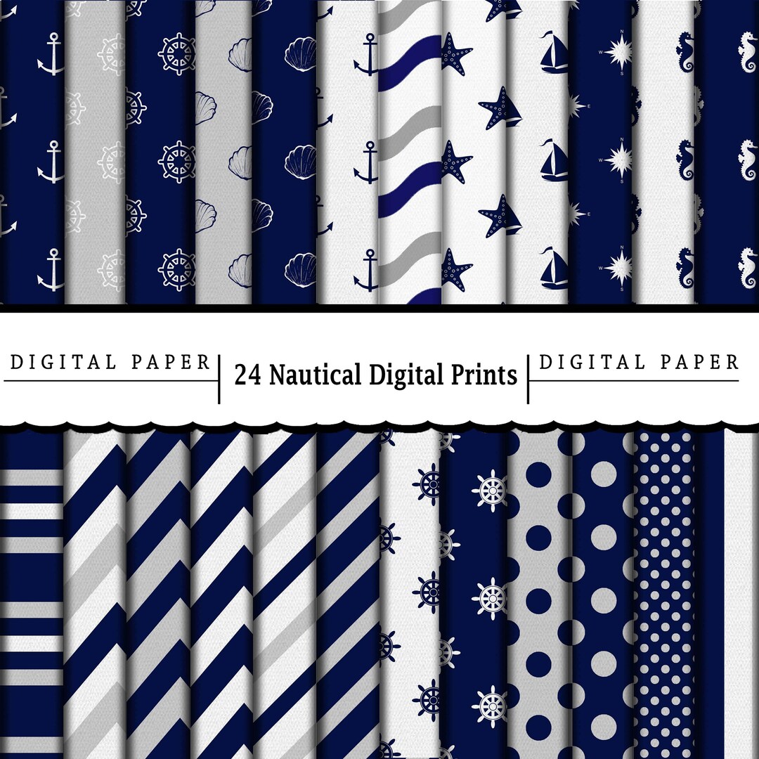 24 Navy Nautical Digital Paper – Scrapbook Print, Commercial Use (ZIP ...