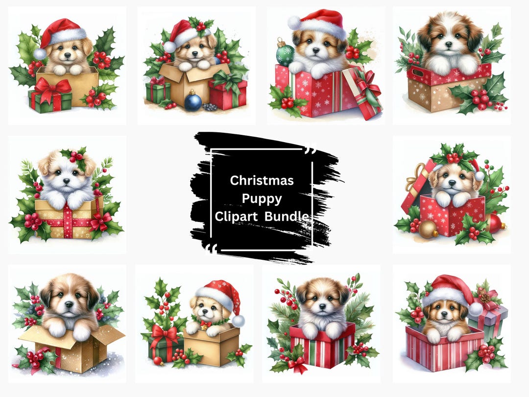 35 Christmas Puppy in a Box Clipart Set | 5x5 Inches, JPG, 300 DPI ...