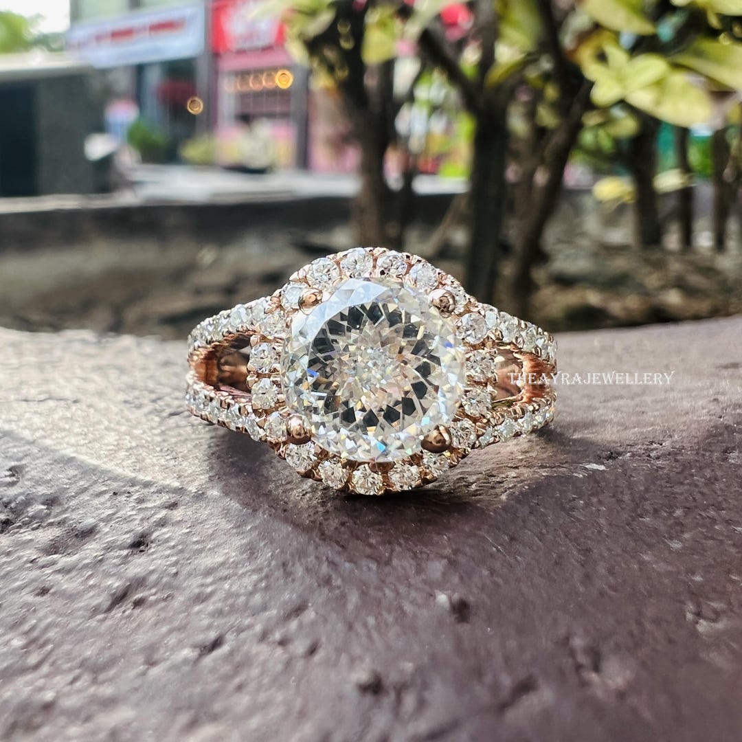 2 CT Portuguese Cut Moissanite Halo Engagement Ring 14K Gold Split ...