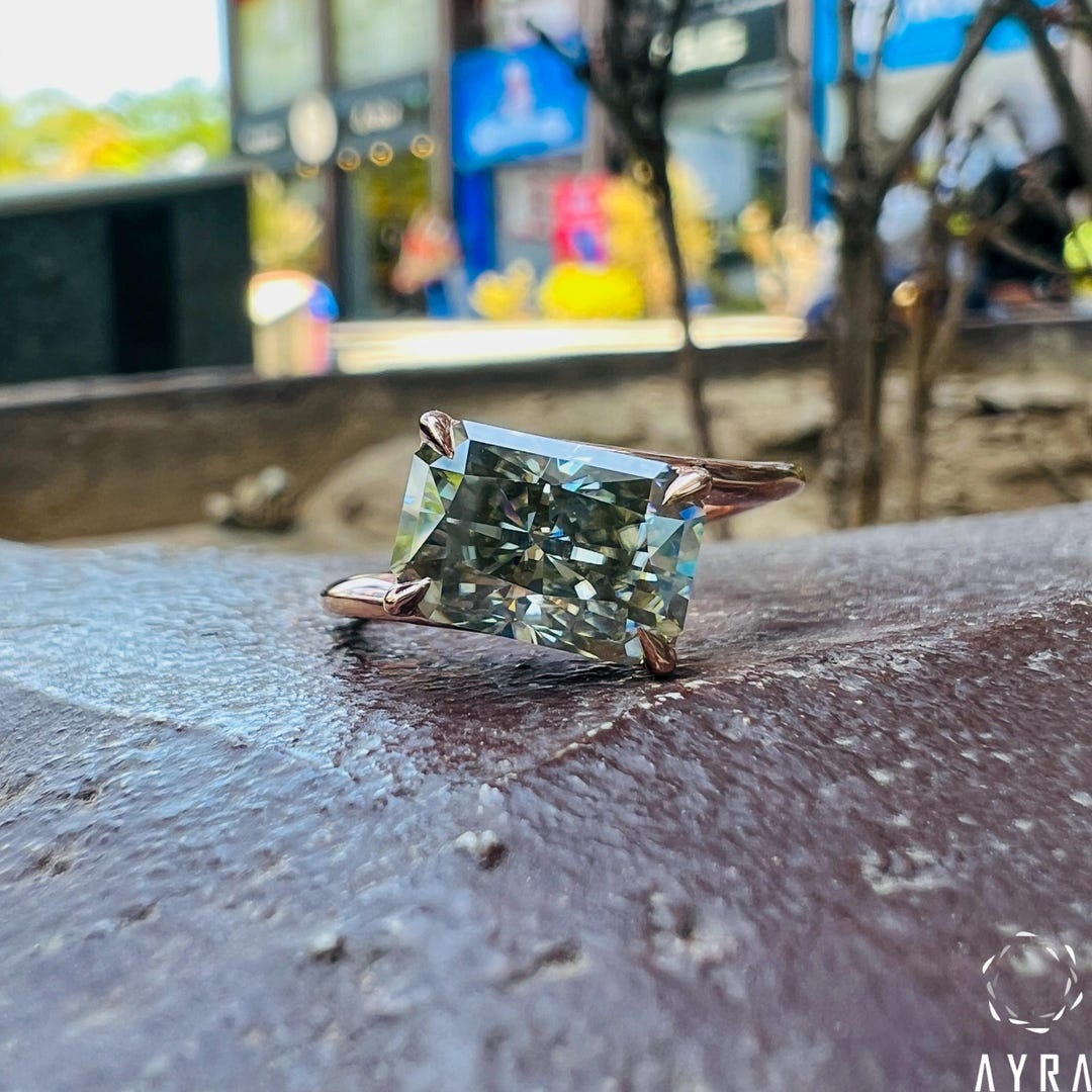 2.5 CT Grey Radiant Cut Moissanite Engagement Ring 14K Gold East West ...