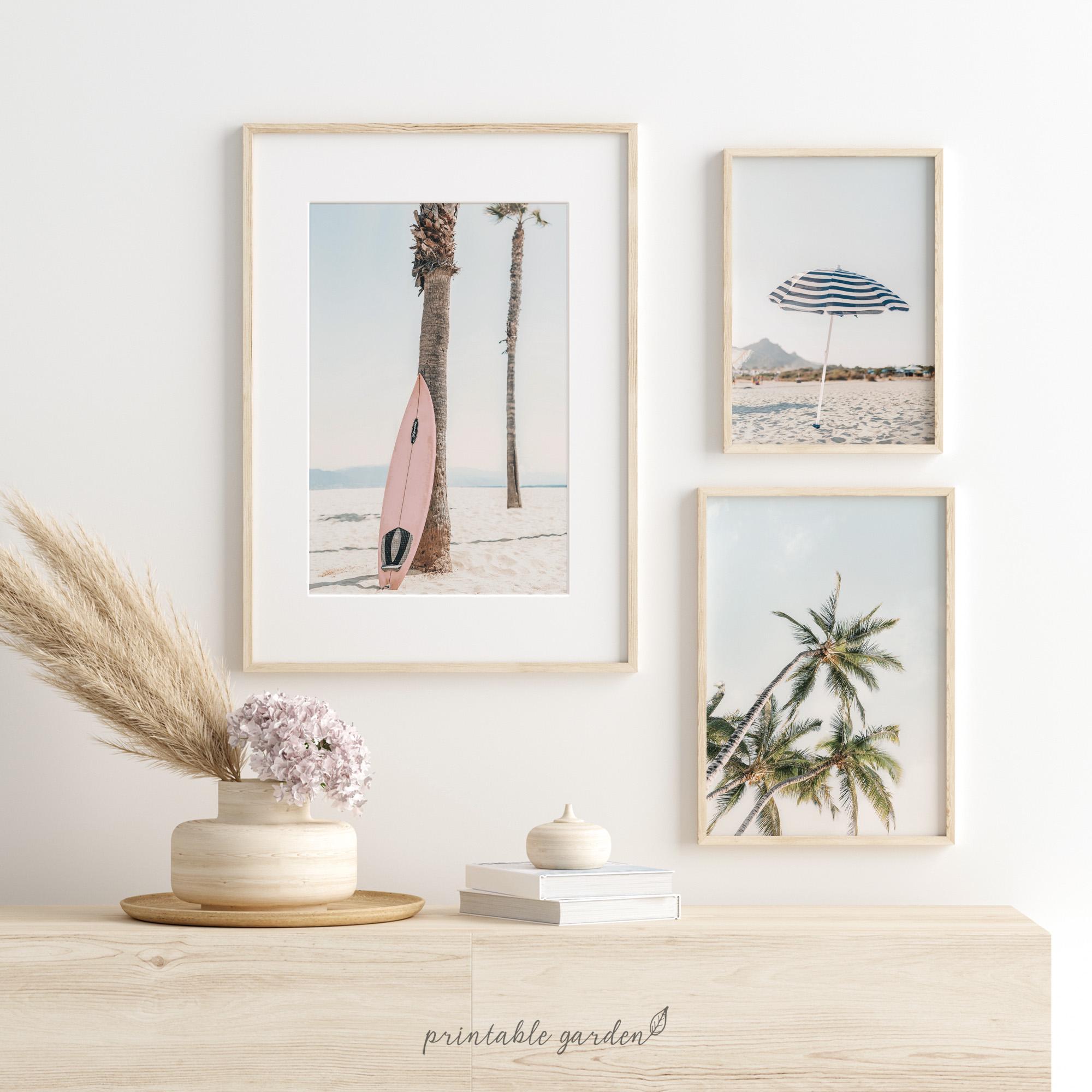 California Beach Prints Set of 3: Palm Trees & Surfboard Pastel Wall ...