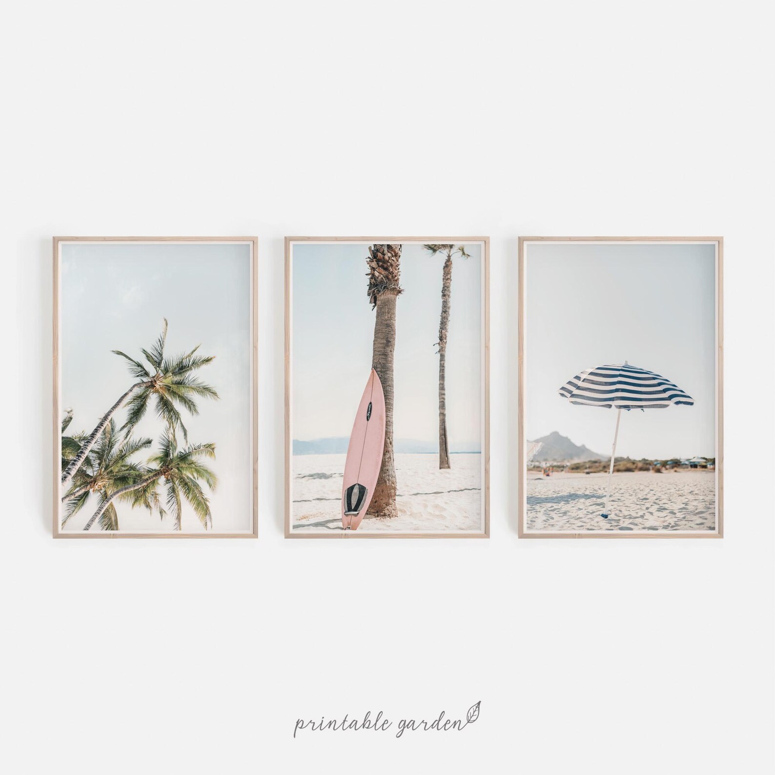 California Beach Prints Set of 3: Palm Trees & Surfboard Pastel Wall ...