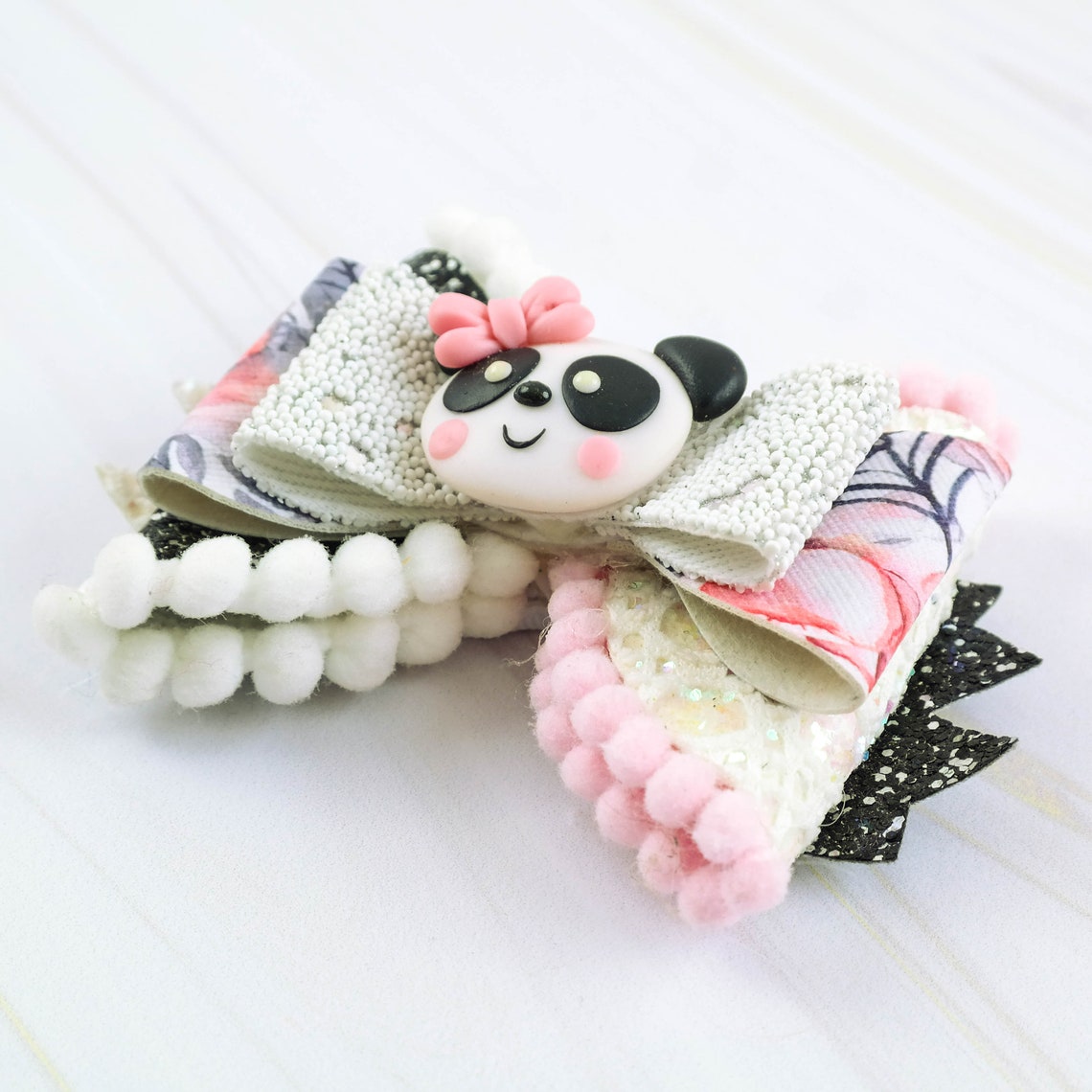 Panda bear hair bow Pink panda bear hair clip Panda bow | Etsy
