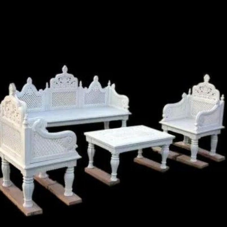 5 Seater White Marble Garden Outdoor Bench, Hand Carved Sofa Set for ...