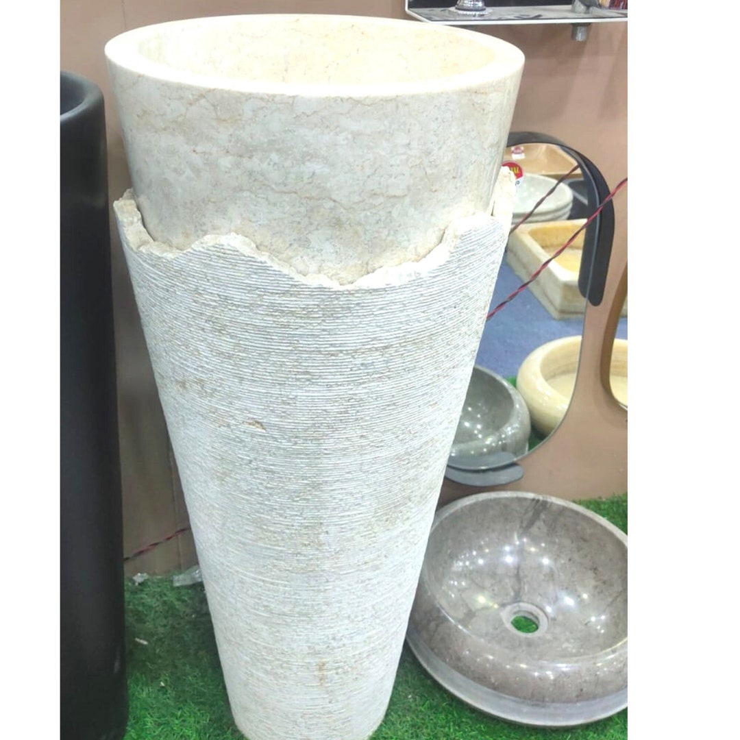 White Double Layer Marble Pedestal Sink, Free Standing Natural Stone ...