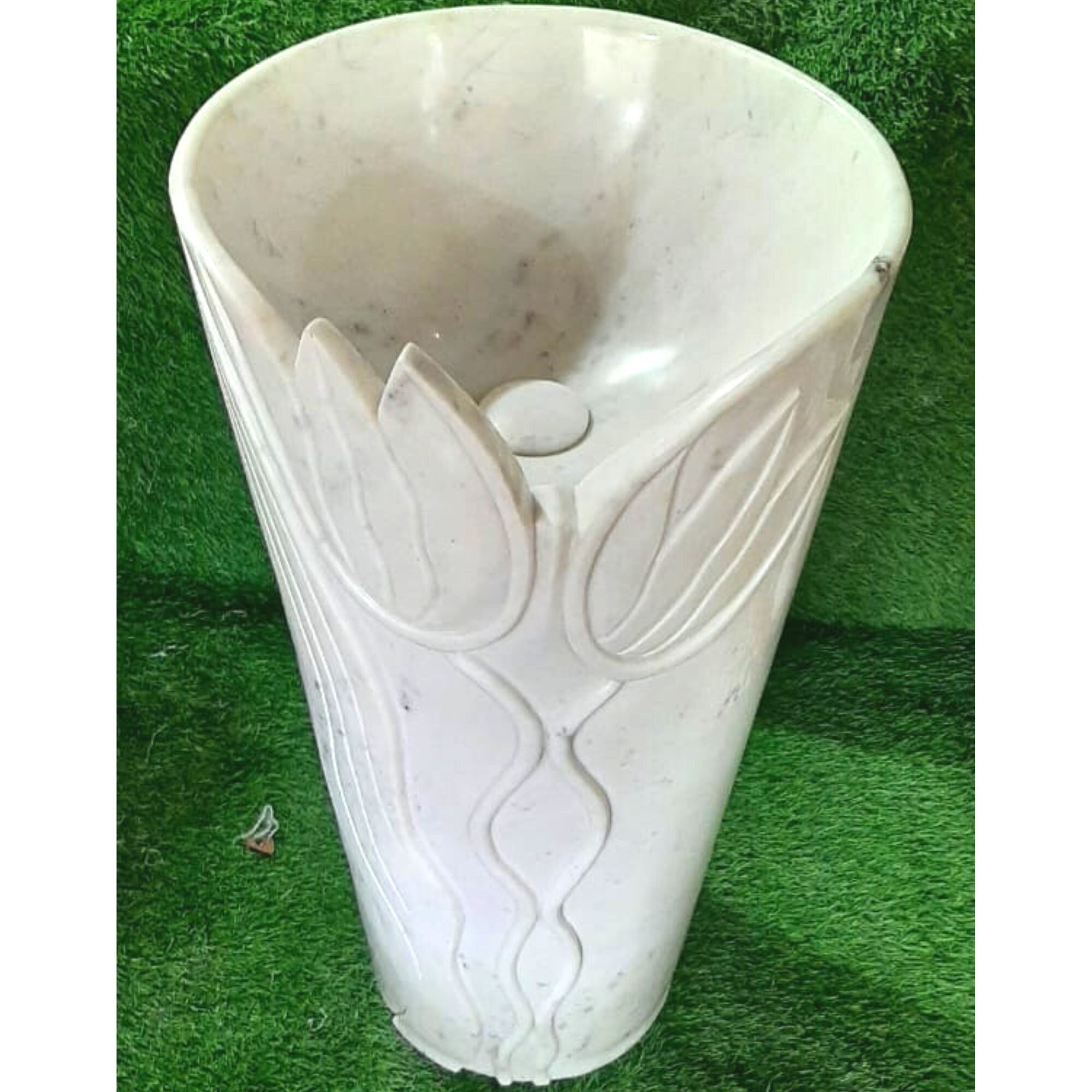 White Marble Wash Basin, Flower Shape Natural Stone Pedestal Sink for ...