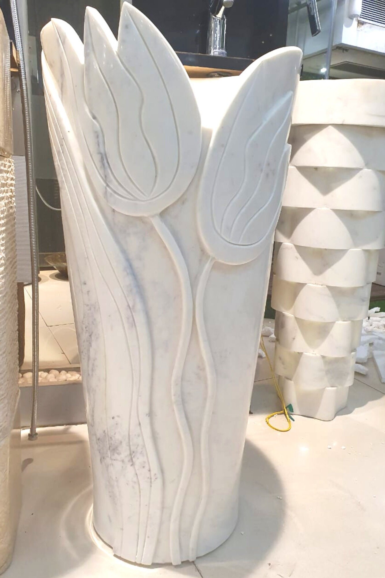 White Marble Wash Basin, Flower Shape Natural Stone Pedestal Sink for ...