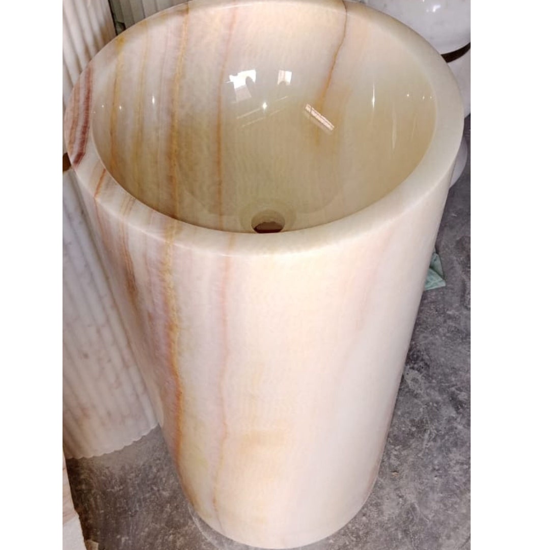 Onex Marble Pedestal Sink, Natural Stone Round Pedestal Wash Basin for ...
