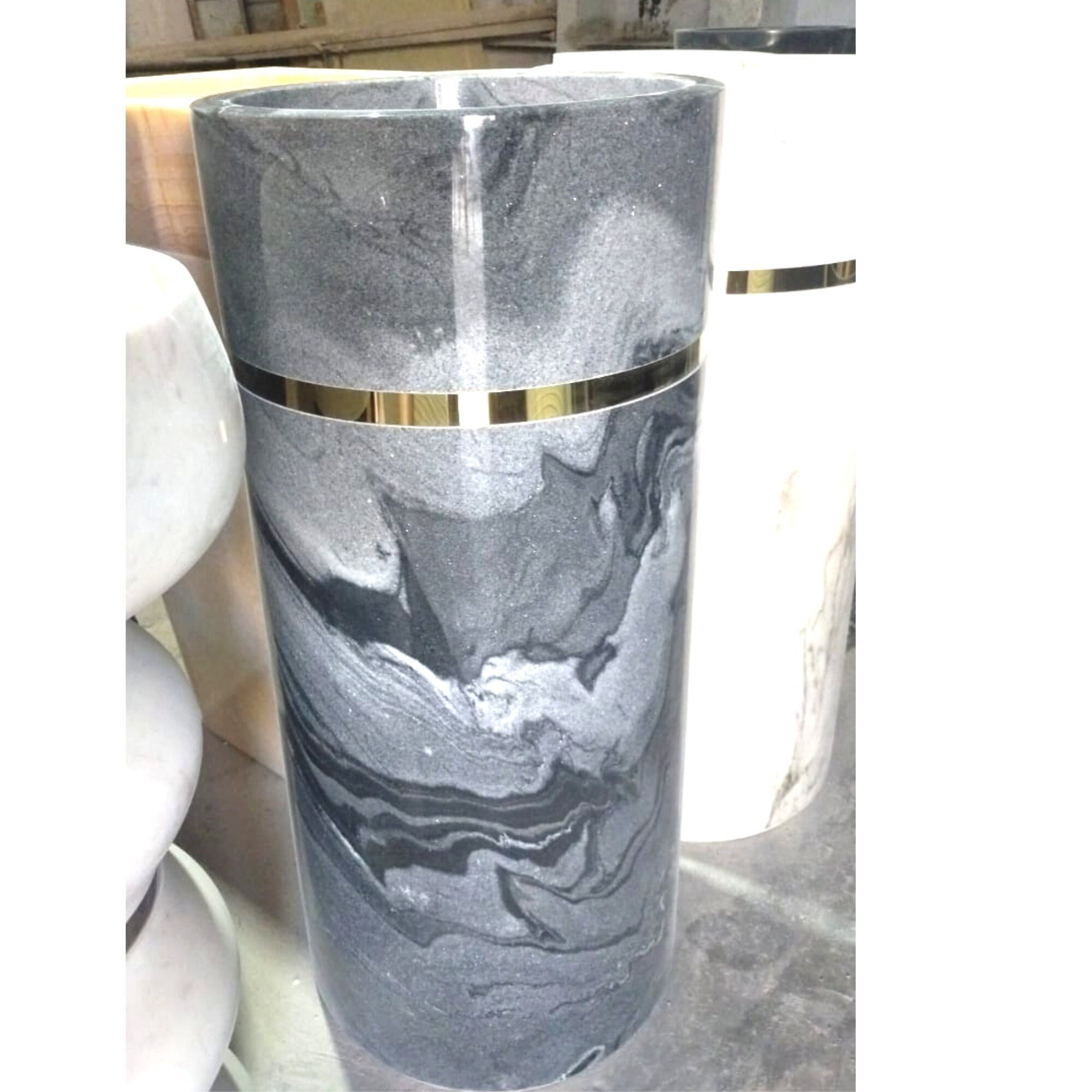 Round Marble Wash Basin, Free Standing Black Natural Stone Pedestal ...