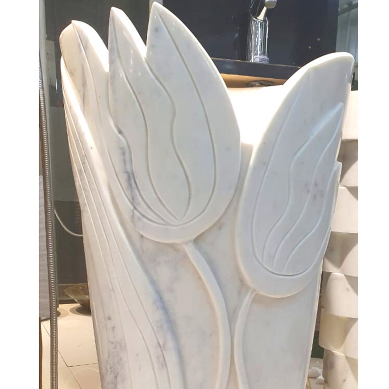 White Marble Wash Basin, Flower Shape Natural Stone Pedestal Sink for ...