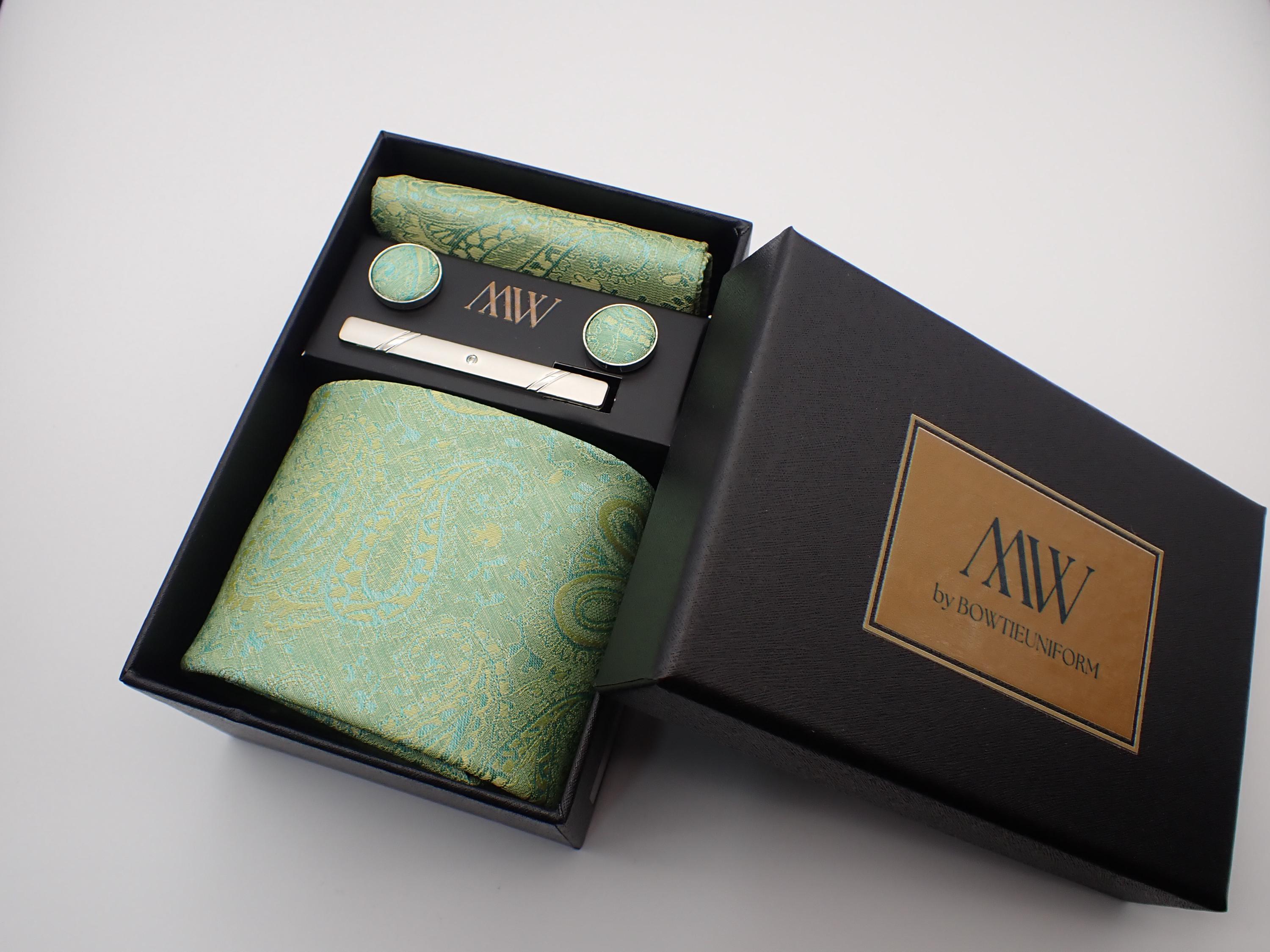 Sage Green and Gold Paisley Tie Set, Vintage Floral Jacquard Necktie ...