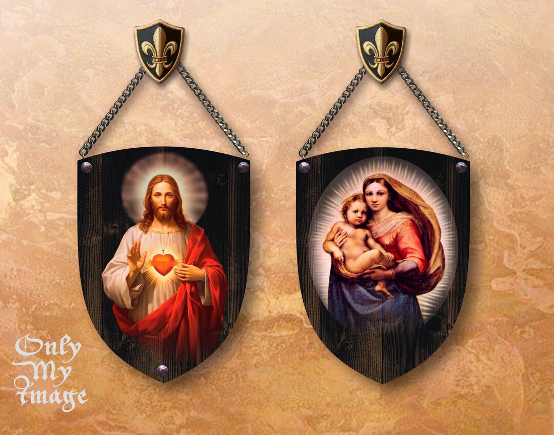 Two Icons on Wooden Shields of the Mother of God and Jesus Christ ...