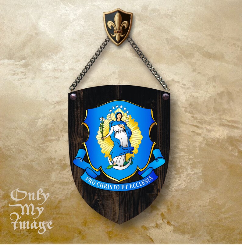 Mary Mother of God Icon on Wooden Shield With Real Nails. Protection of ...