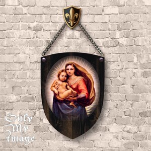 Mary Mother of God Icon on Wooden Shield With Real Nails. Protection of ...