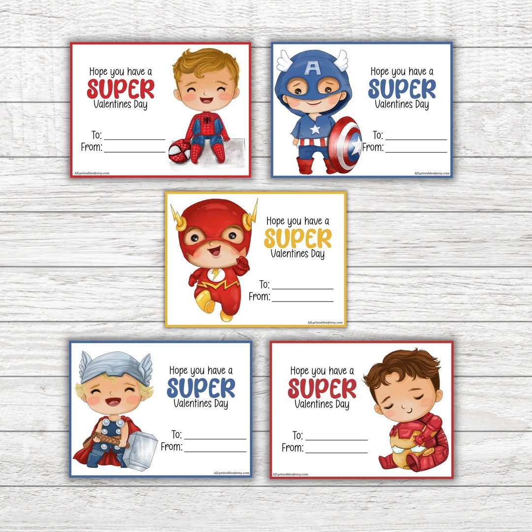 Printable Superhero Valentines, Classroom Valentines Day Cards for Kids ...