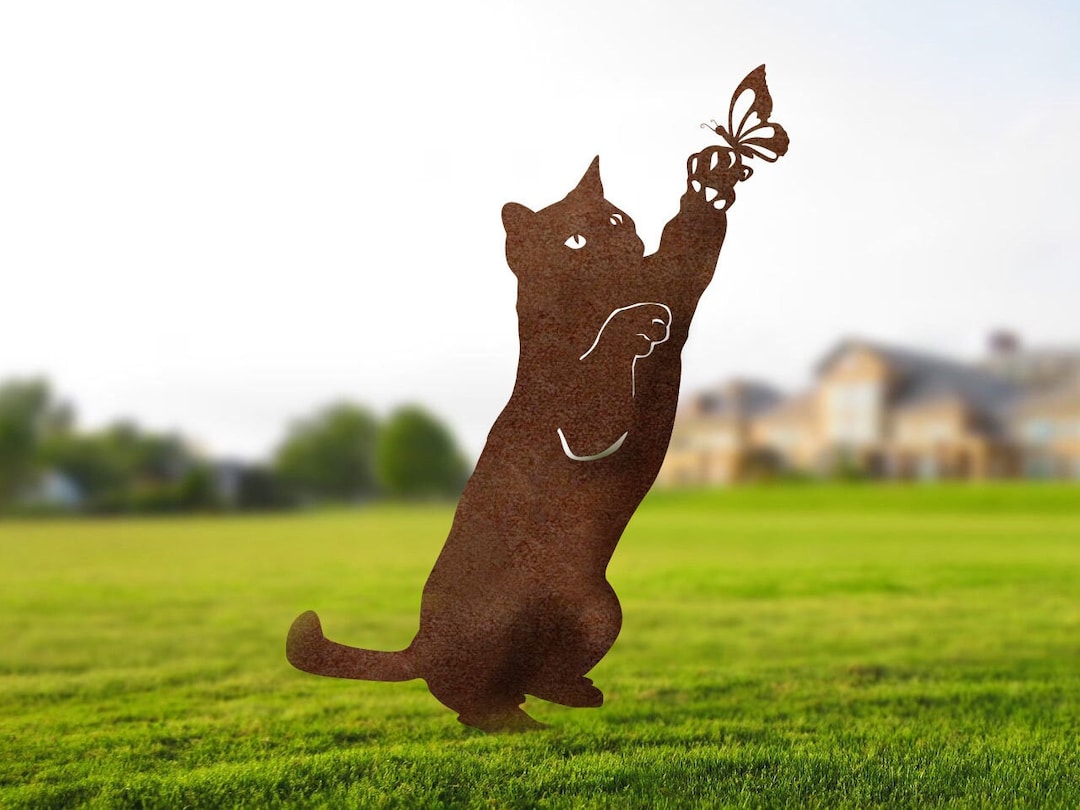 Rustic Metal Tabby Cat With Butterfly Garden Sculpture Ornament, Unique ...