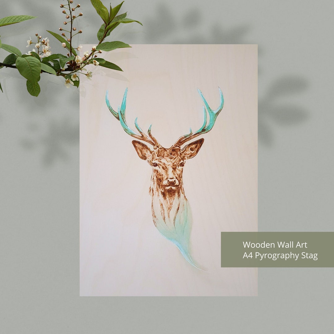 Stag Wall Art Wooden Wall Art Pyrography Art Turquoise - Etsy