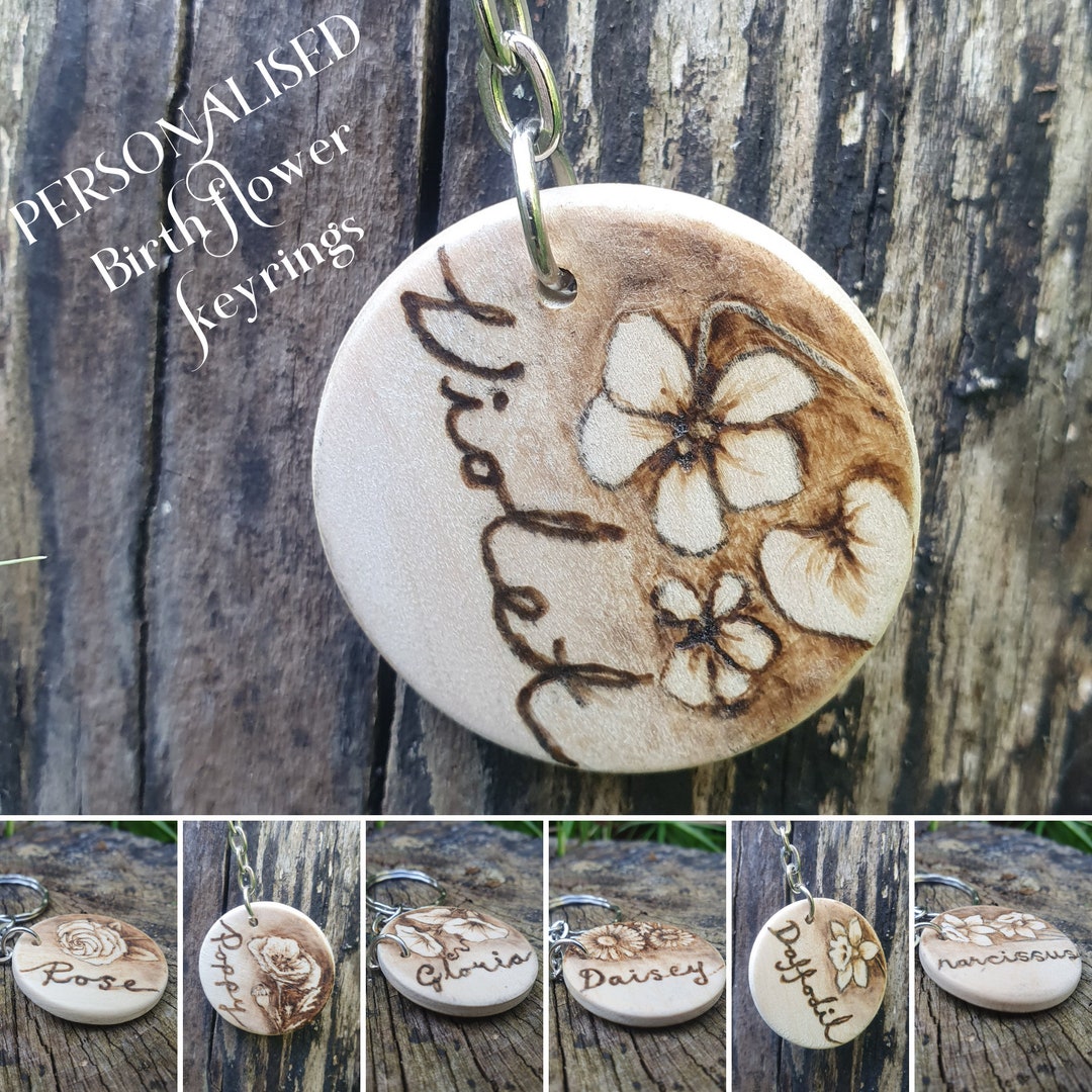Personalised Birth Flower Key Rings, Wood Burned Flower Key Rings, Name ...