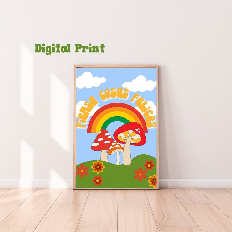 Piensa Cosas Felices, Latina Art, Retro Wall Art, Retro Mushroom Art ...