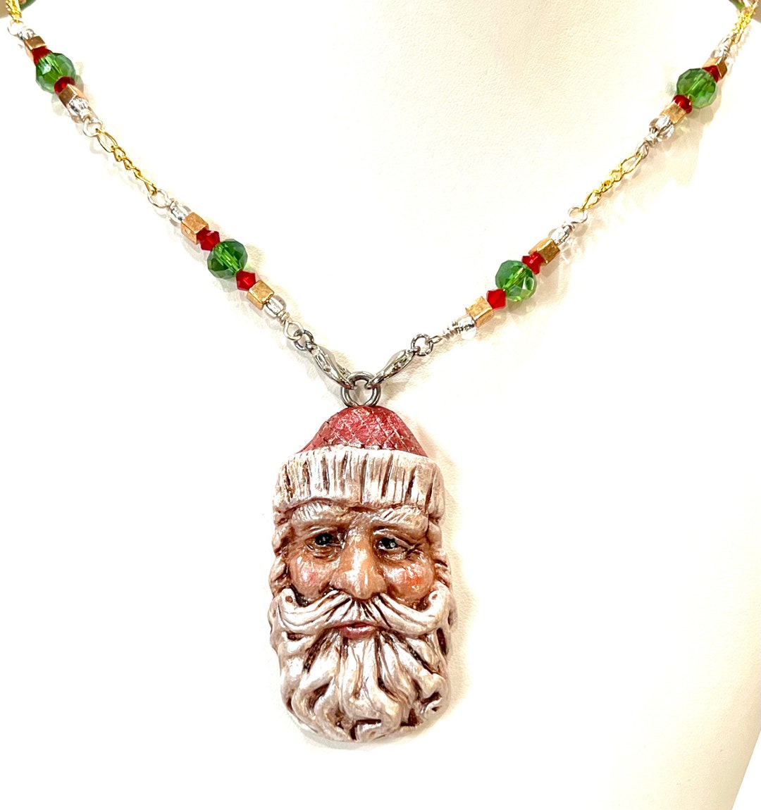 Handmade Santa Pendant Necklace | Polymer Clay St. Nick, Beaded Chain ...