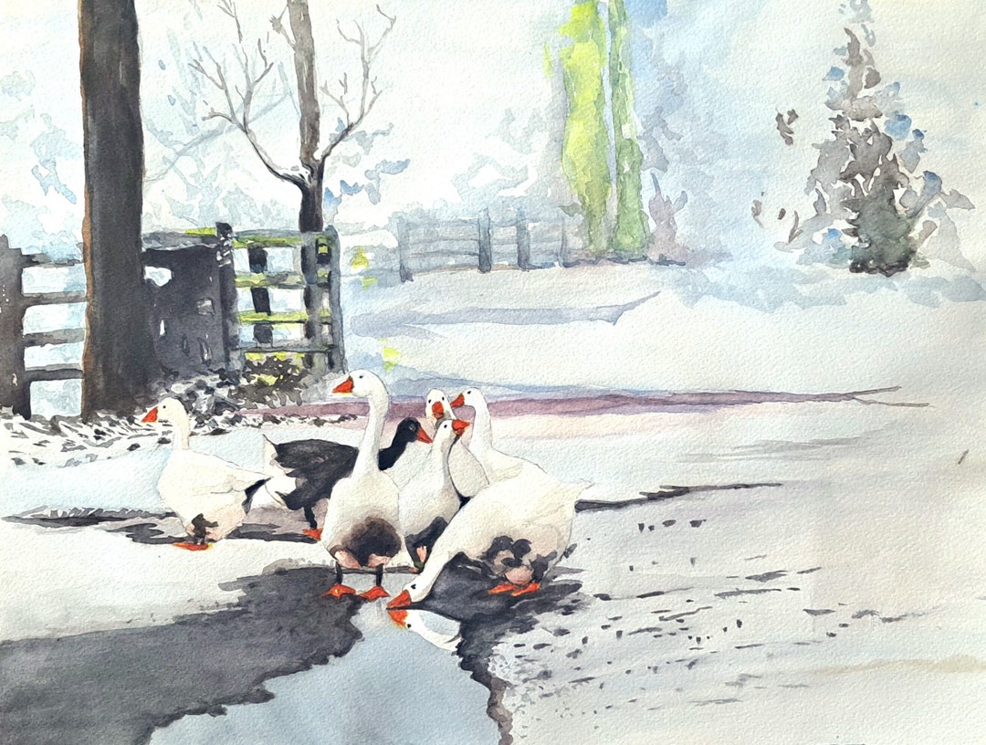 Geese Walk, 12x16, Original Art, Watercolor, Landscape, Domestic Geese ...