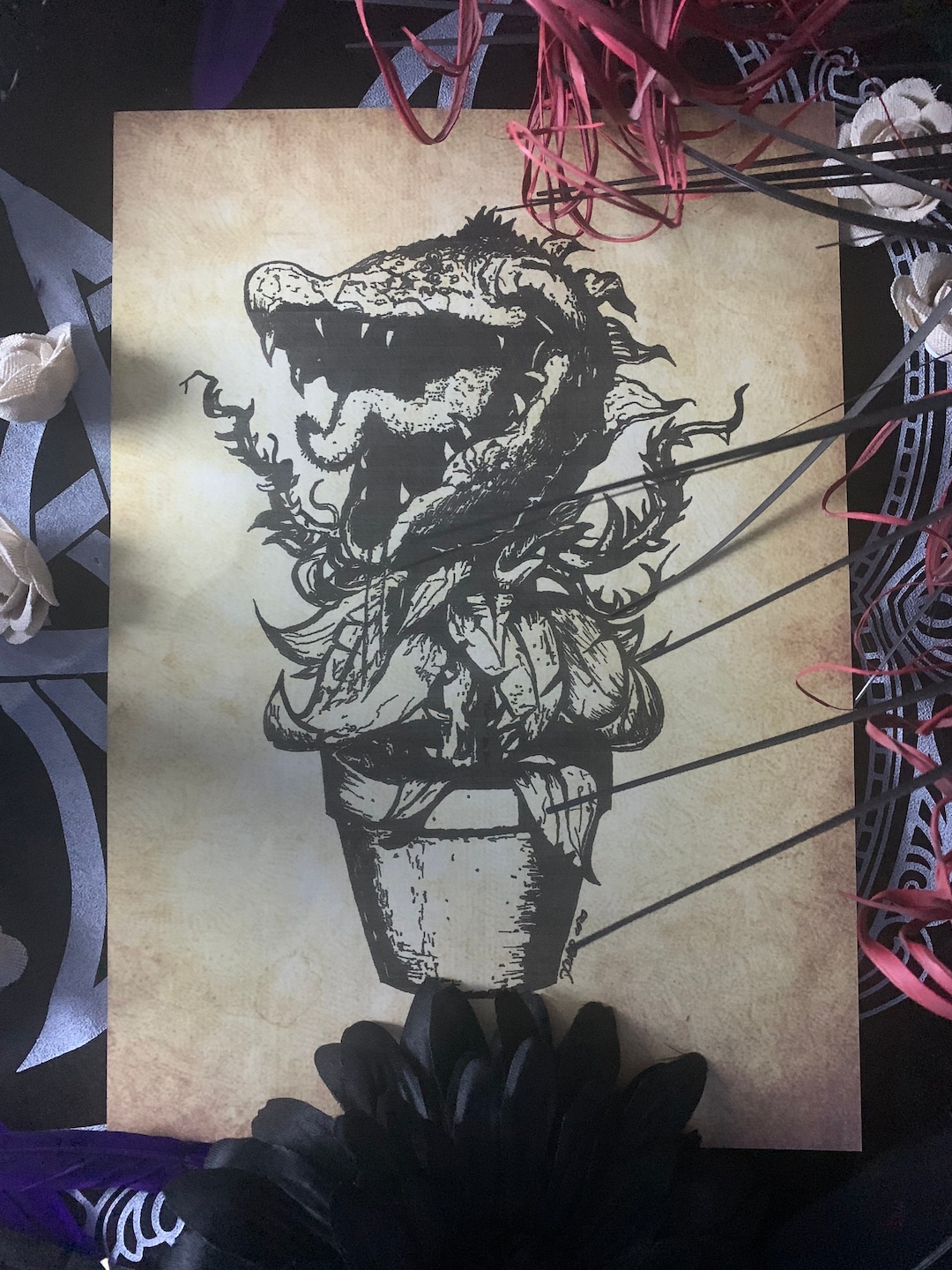 Audrey 2 Little Shop of Horrors Unframed Ink Drawing Print on Antique ...