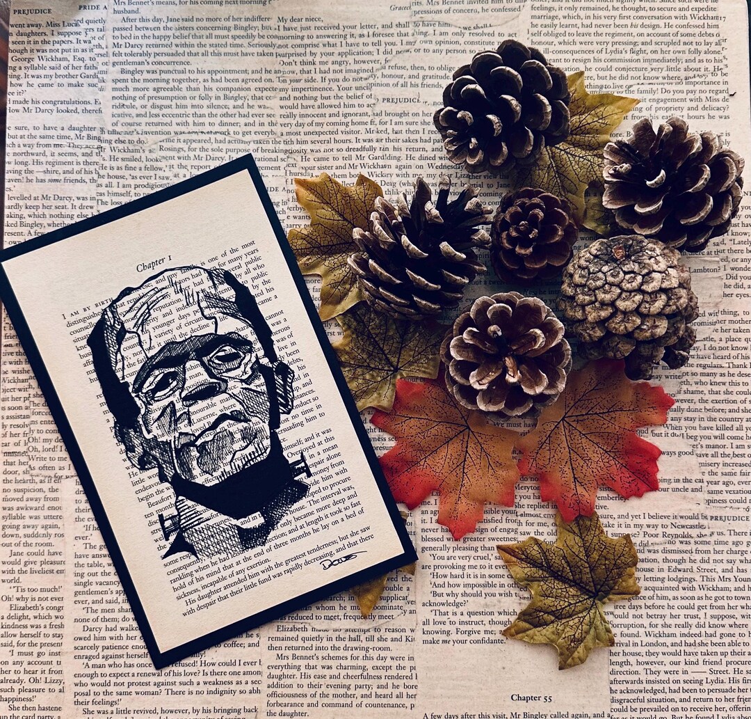 Frankenstein's Monster Ink Drawing: Gothic Horror Art on Vintage Book ...