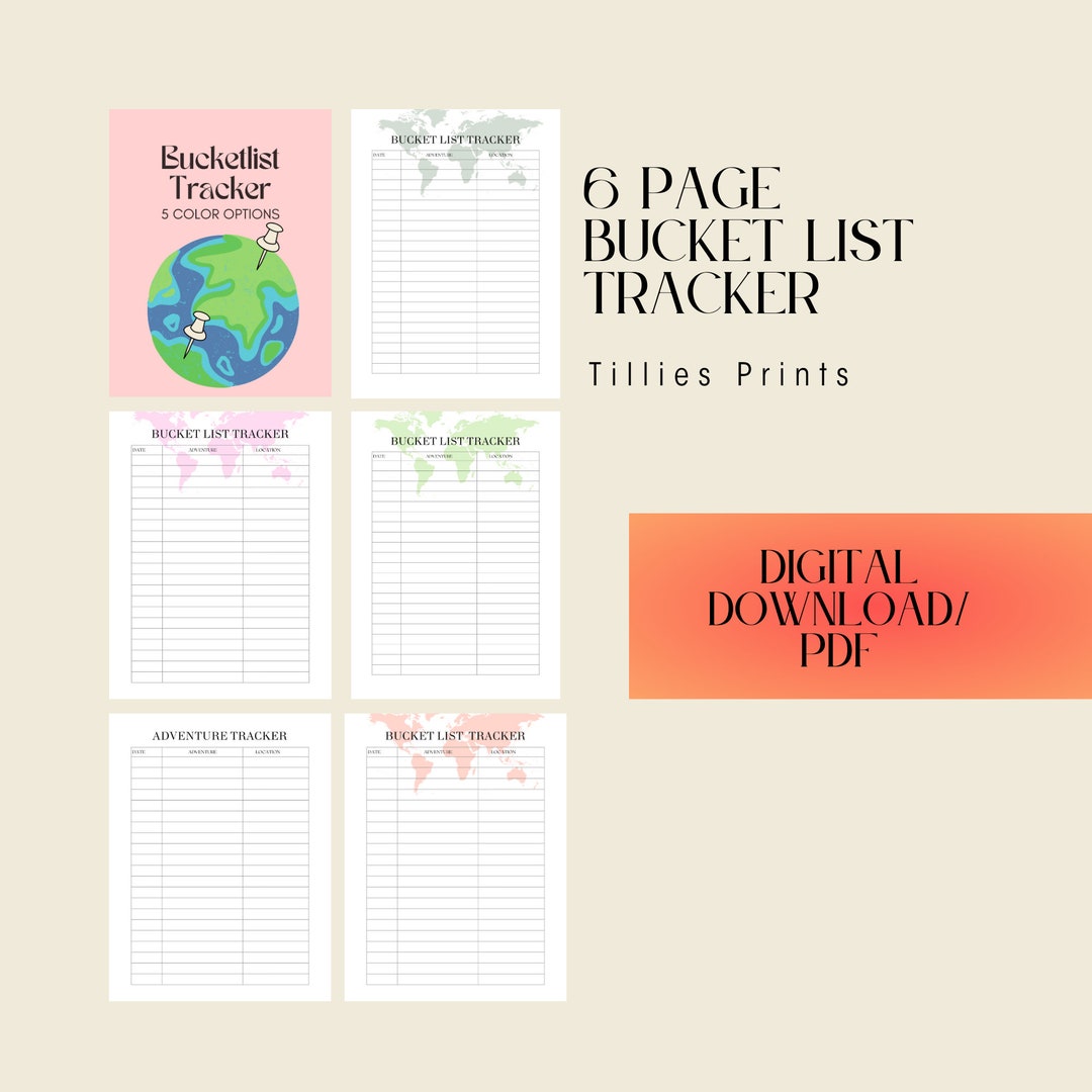 1 Page Bucket List Tracker/ 5 Colors/planner/tracker/ Digital Download ...