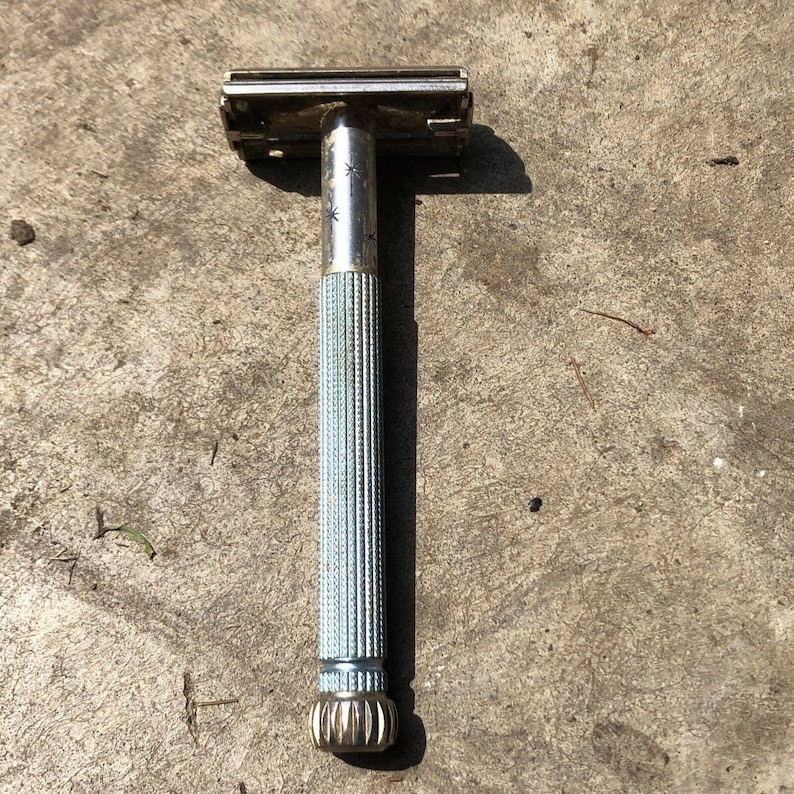 Vintage Fathead Lady Gillette Silver & Blue Starburst Double Edge ...
