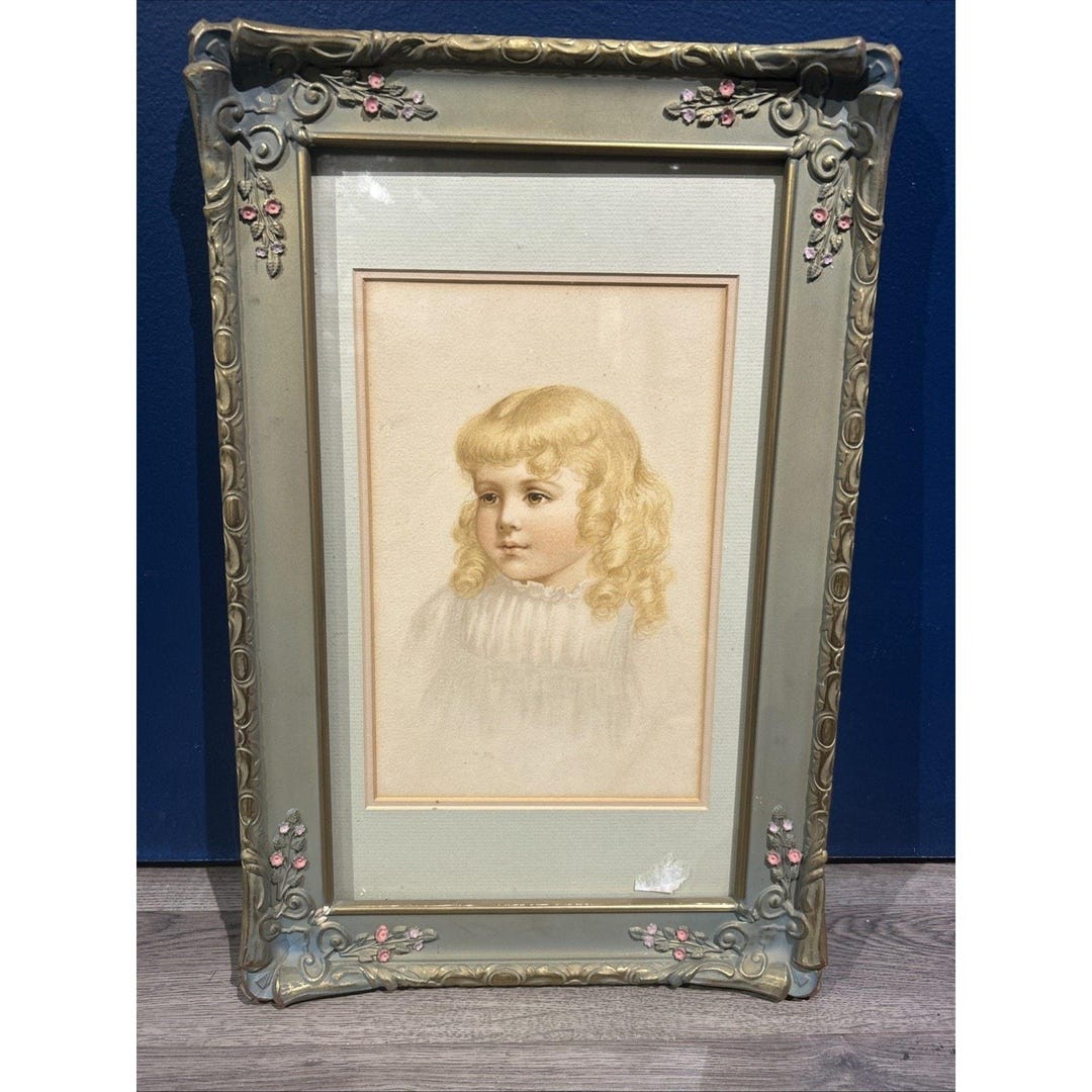 Antique 1900s Floral Gesso Frame Victorian Girl Portrait Litho ...