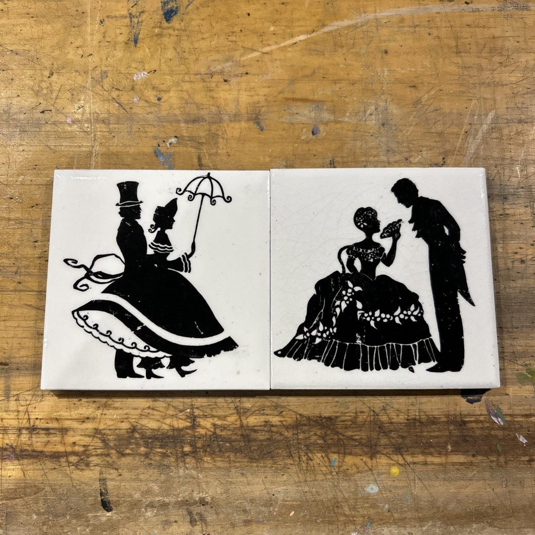 Vintage Pair of Silhouette Tiles, Have Some Crazing - Etsy