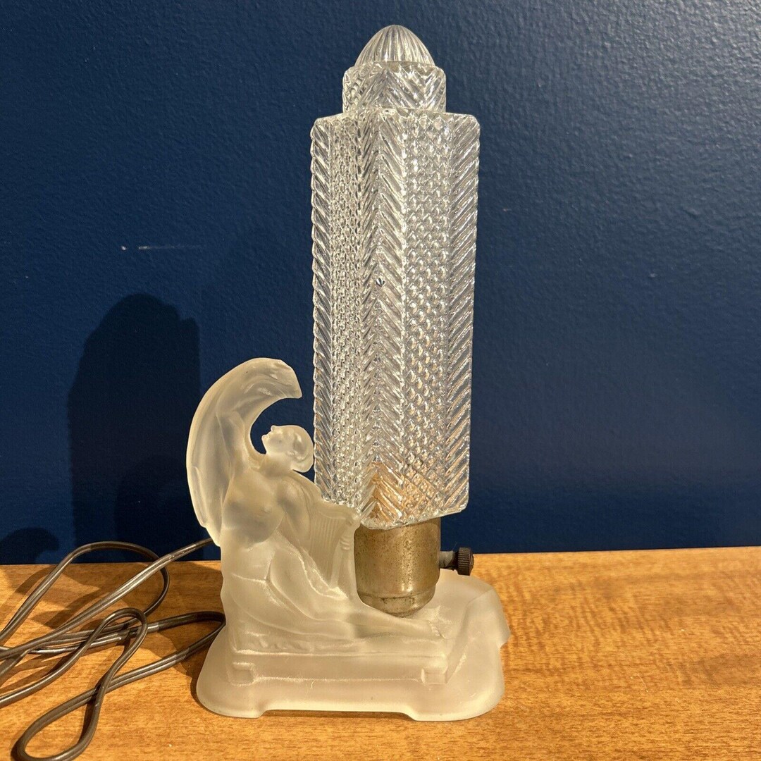 MCKEE Art Deco Frosted Glass Skyscraper & Female Angel Table Boudoir ...