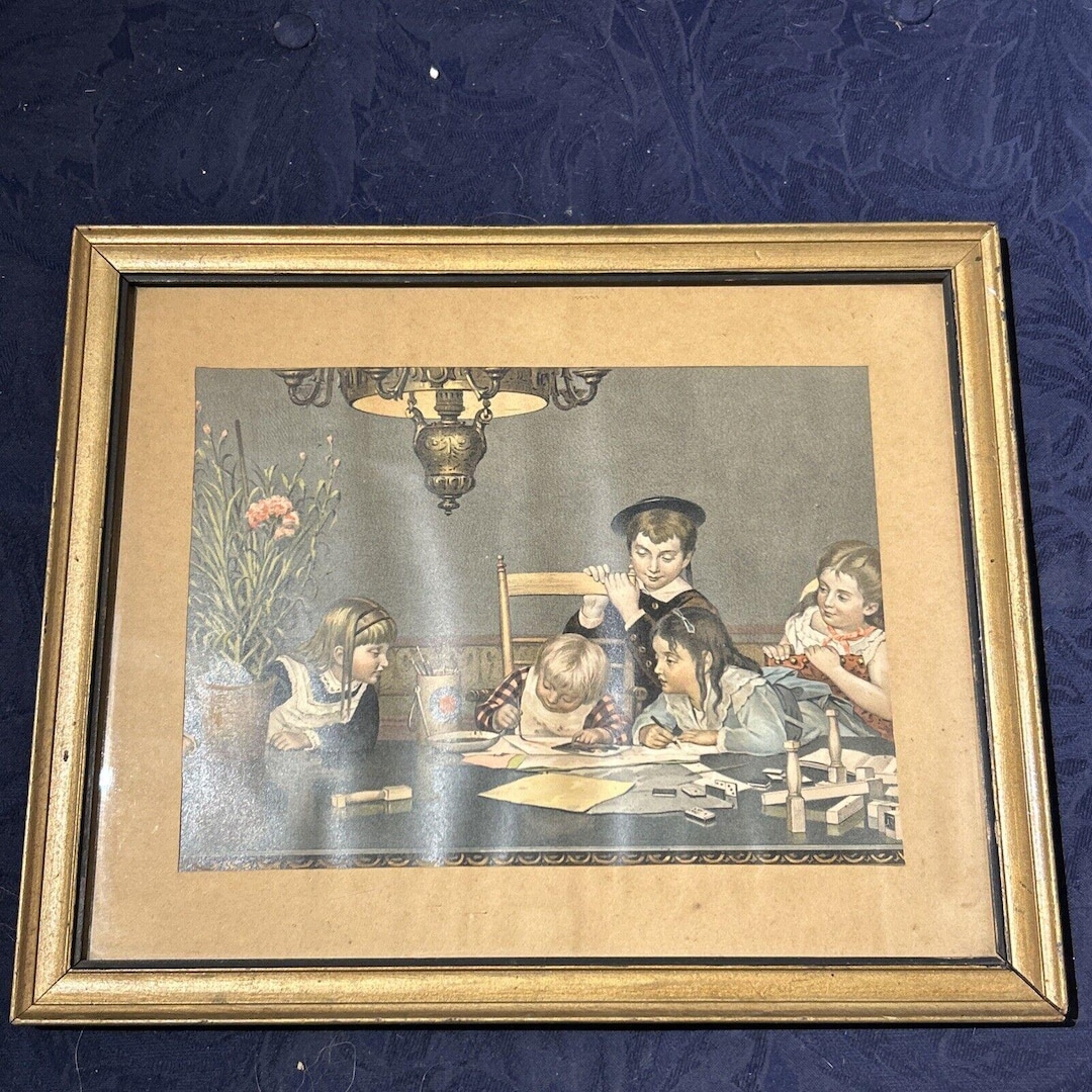 Antique 1900 Taber-prang Lithograph Children Painting, Original Frame ...