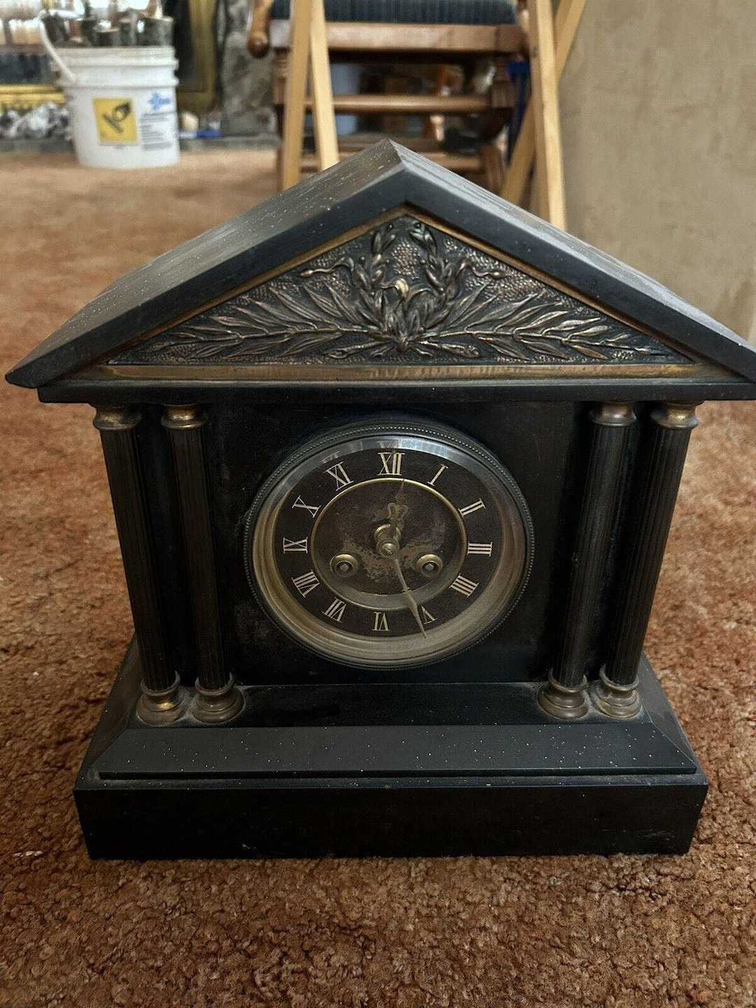 Antique Black Slate Mantel Clock Japy Freres English Movement With Key ...